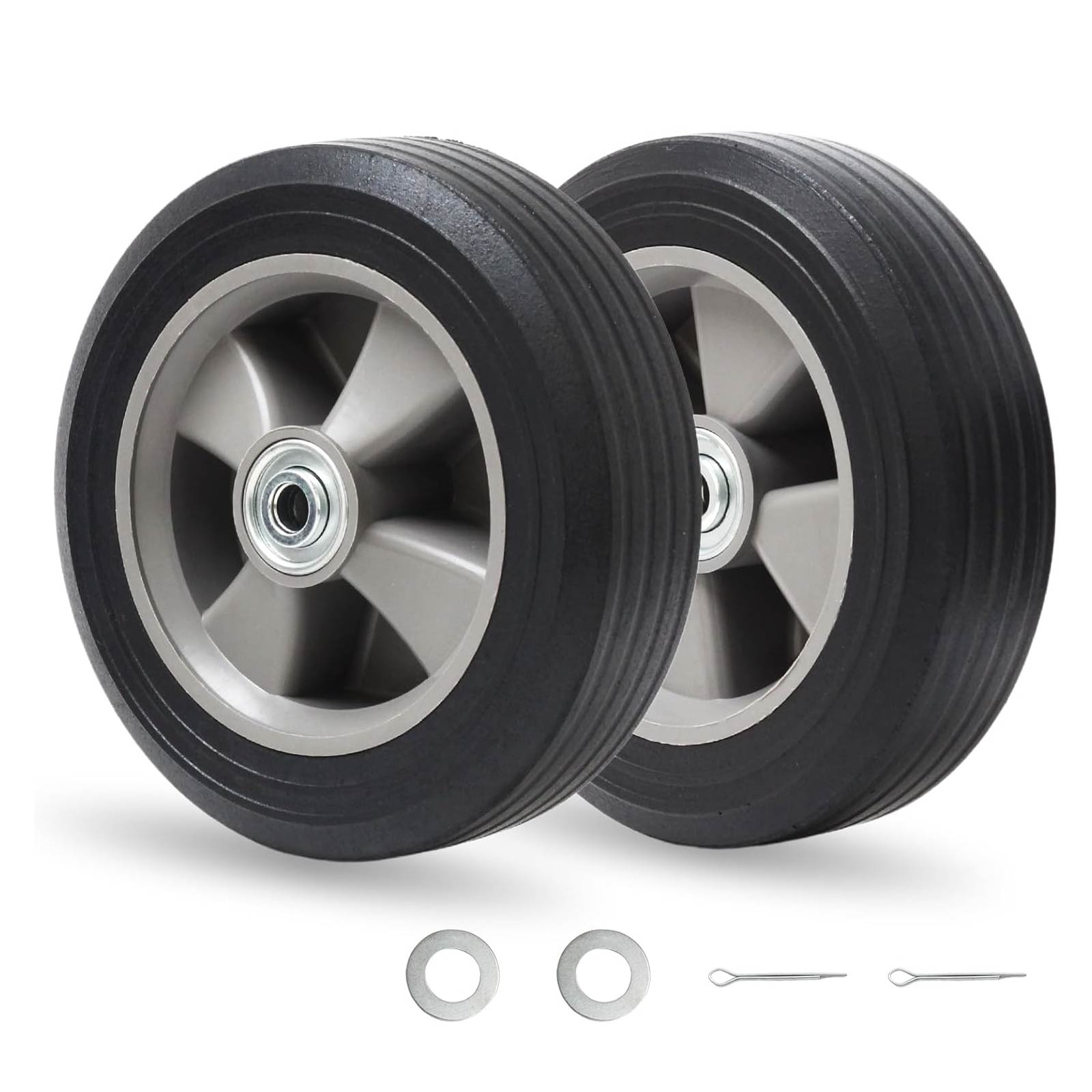 8" x 2" Flat-Free Solid Rubber Tire and Wheel with Ball Bearings and 5 ...